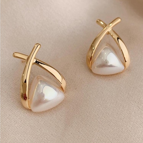 Jewelry | Luxe Statement Pearl Triangle Golden Cross Earrings | Poshmark